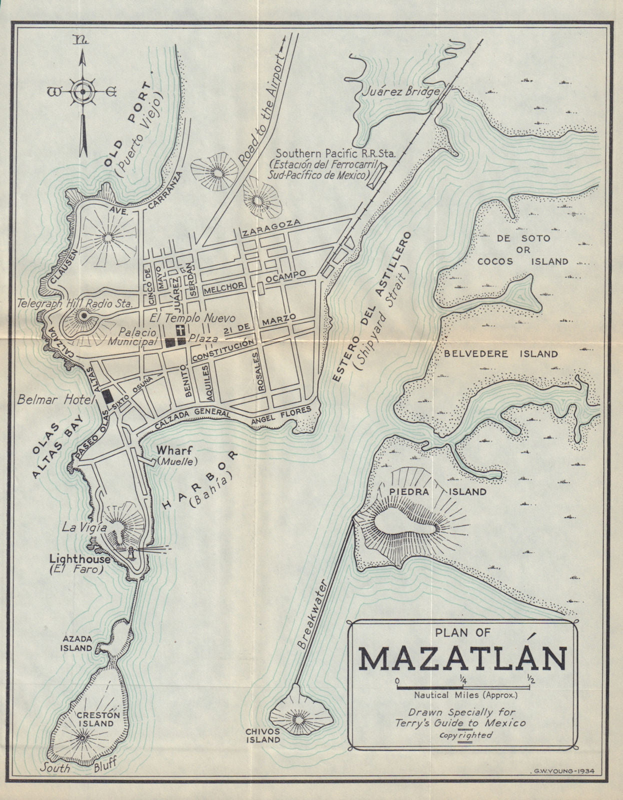 Plan of MAZATLAN, Mexico. Mapa de la ciudad. City/town plan 1938 old ...