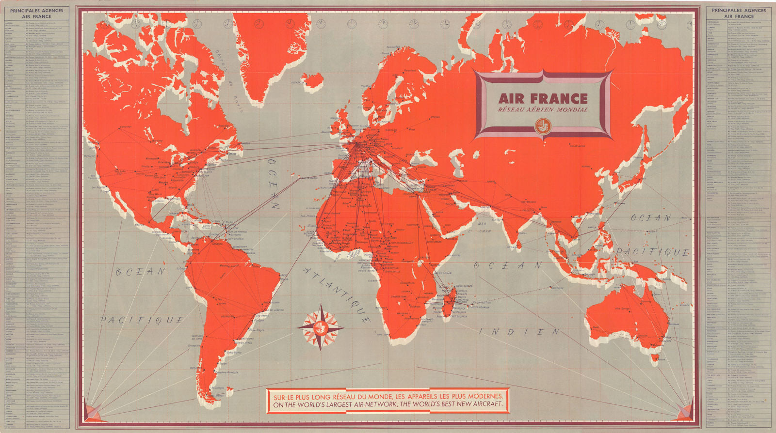 Air France - Réseau Aérien Mondial. Airline network route map. 49x88cm ...