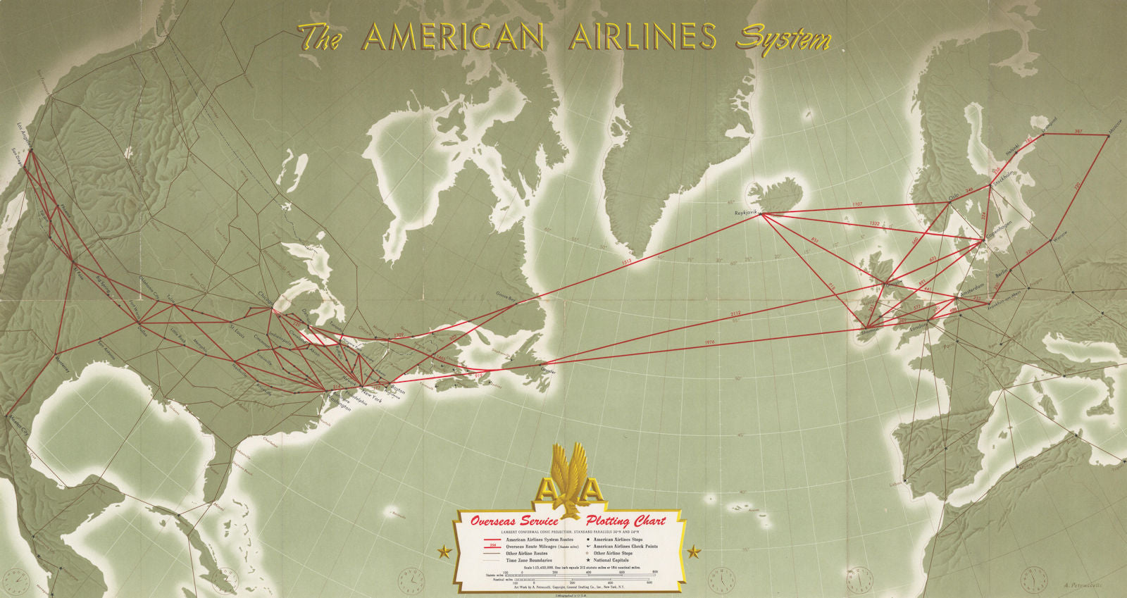 American Airlines System Overseas Service Plotting Chart. Network map ...