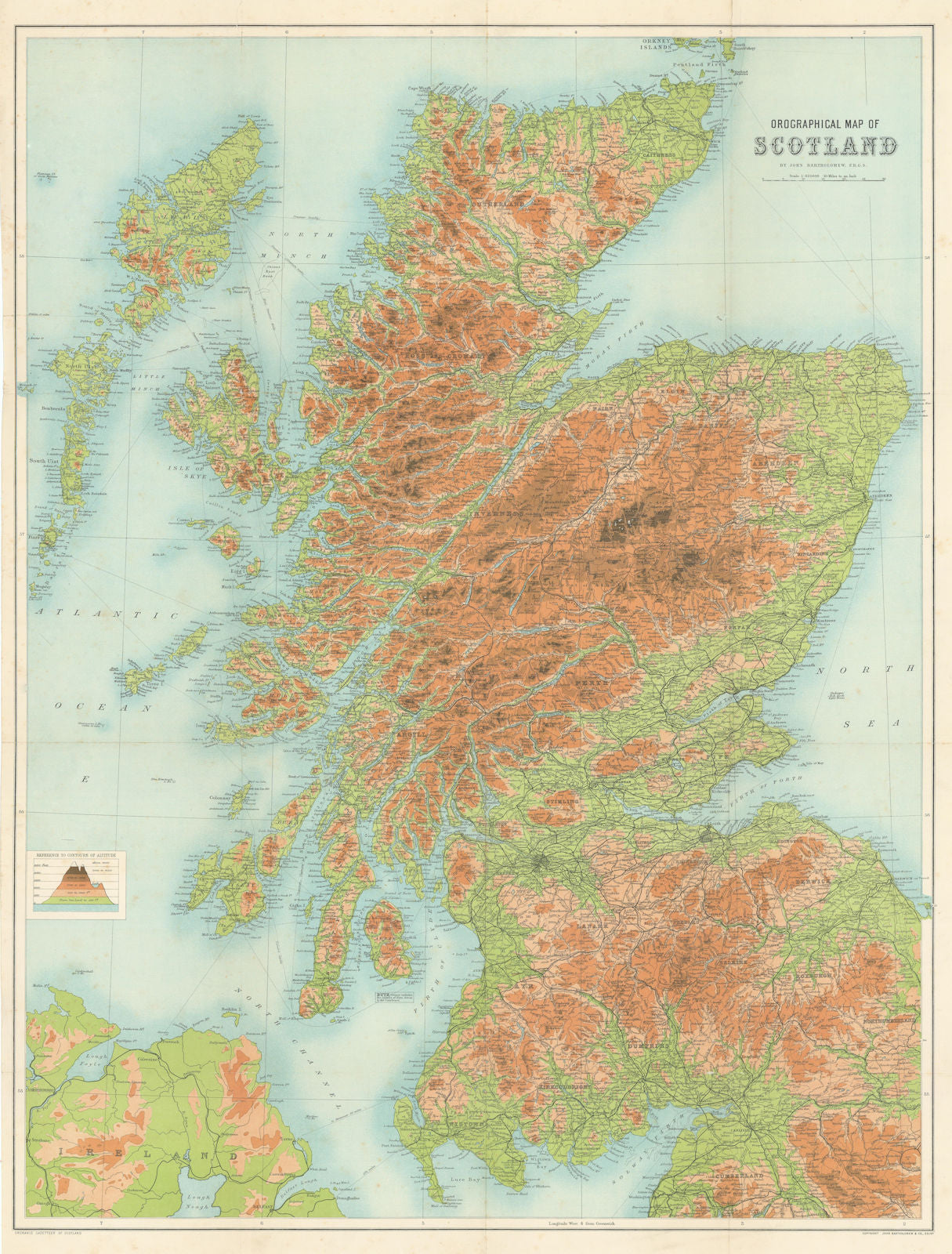 Antique SCOTLAND OROGRAPHICAL Relief map. Large. BARTHOLOMEW 1895 old ...