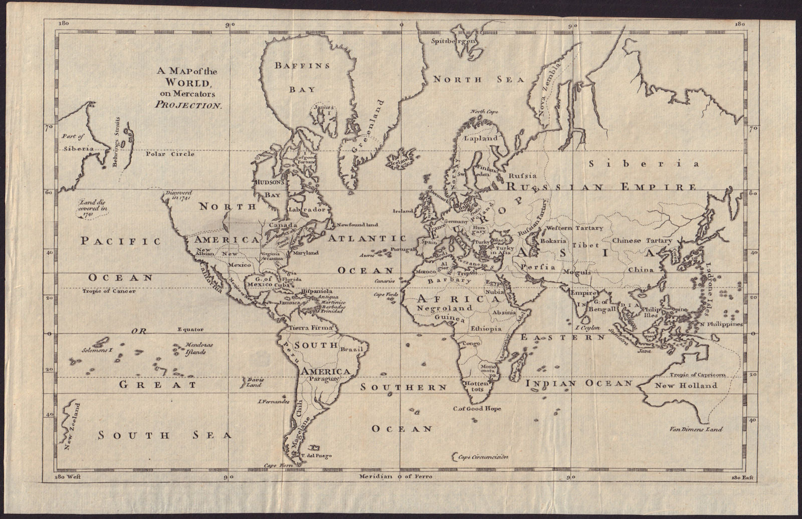 A map of the world on Mercators Projection. Davis Land. GENTS MAG 1755 ...
