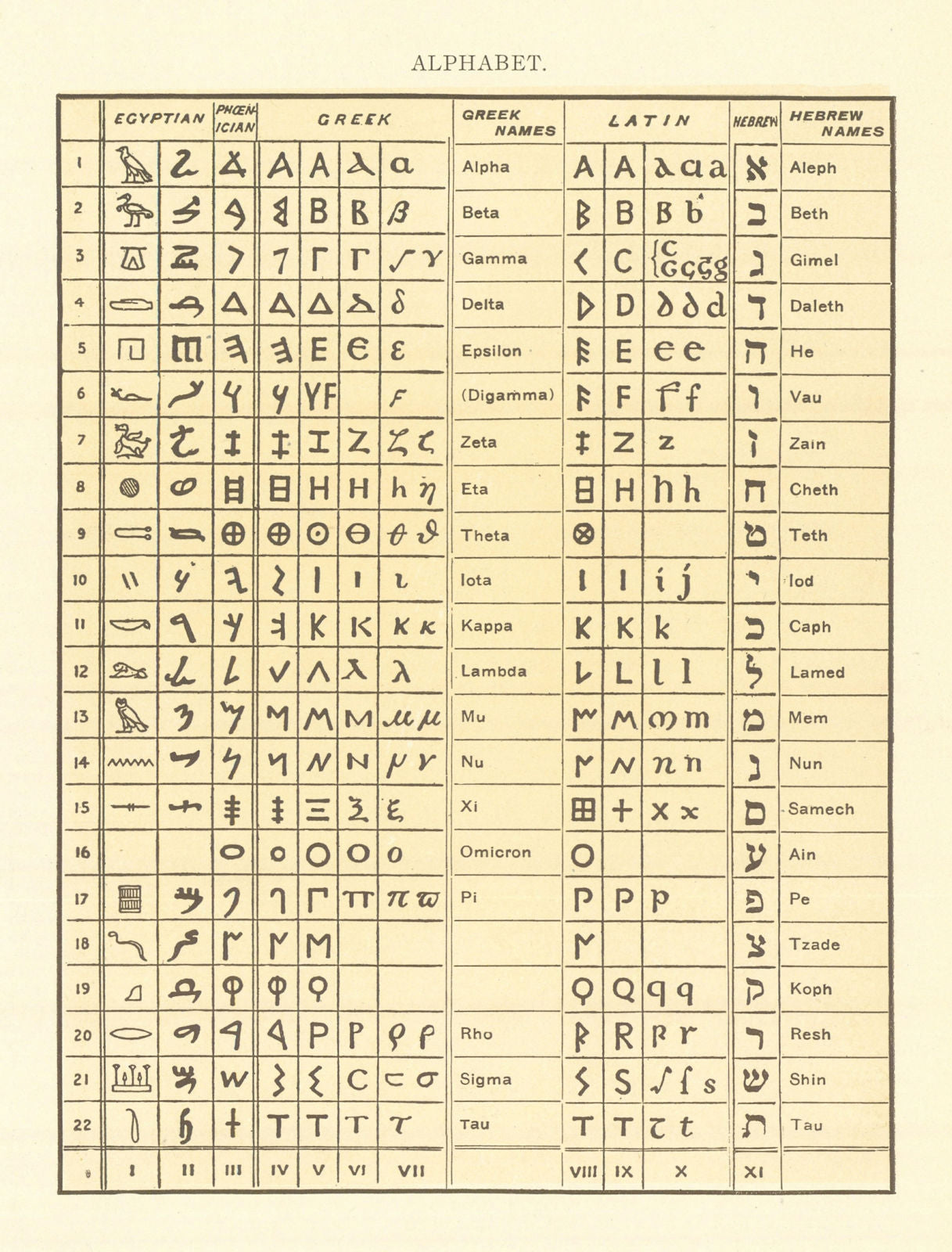 Alphabet. Egyptian Phoenician Greek Names Latin Hebrew 1907 old antique ...