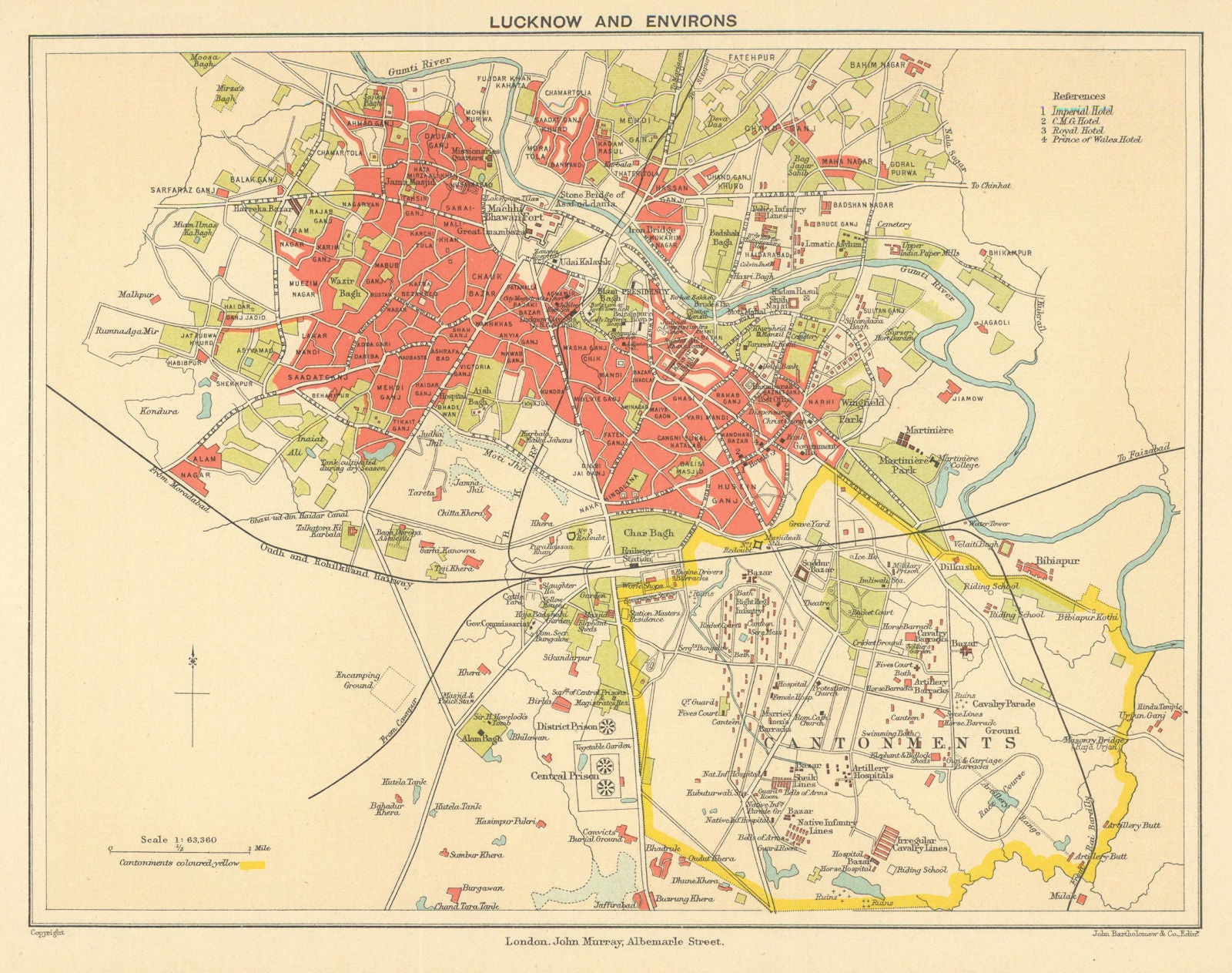 BRITISH INDIA. Lucknow city plan showing cantonment 1905 old antique ...