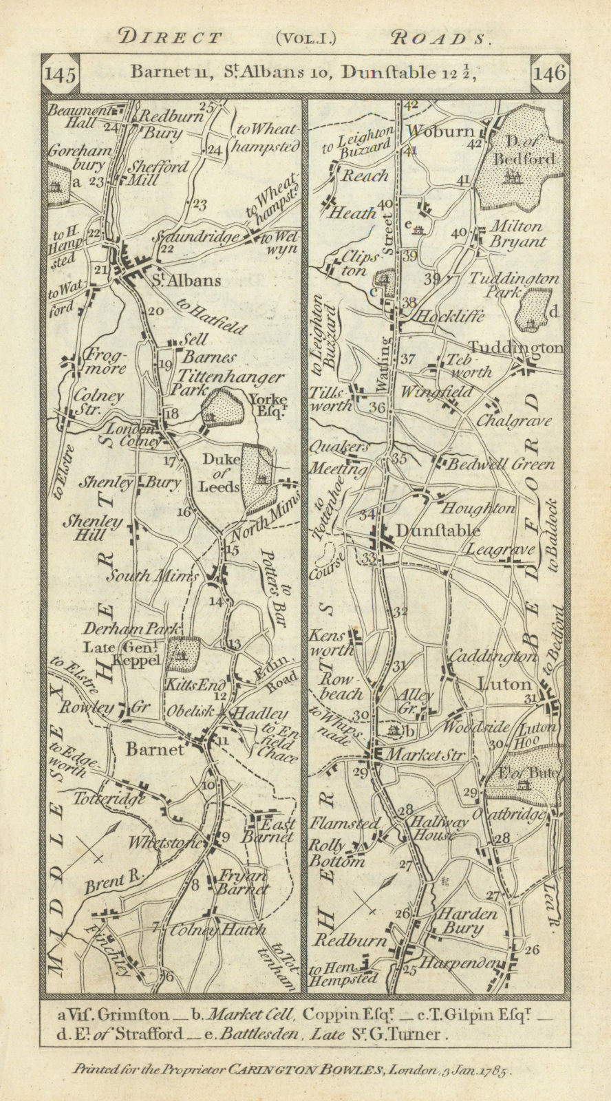 Barnet-St Albans-Harpenden-Luton-Dunstable road strip map PATERSON 1785 ...