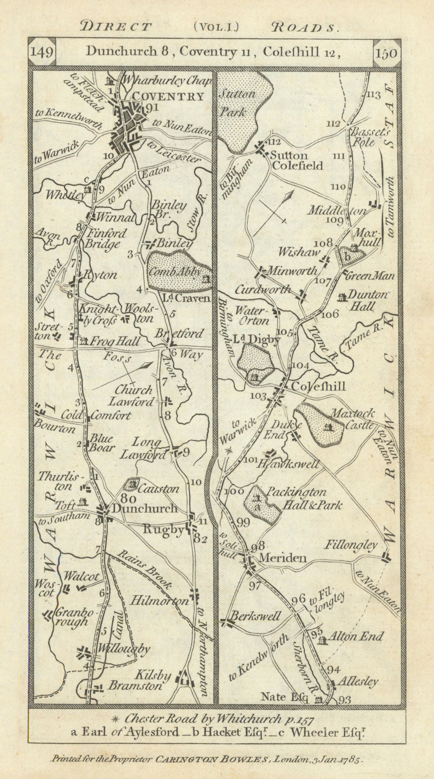 Rugby-Dunchurch-Coventry-Sutton Coldfield road strip map PATERSON 1785 ...