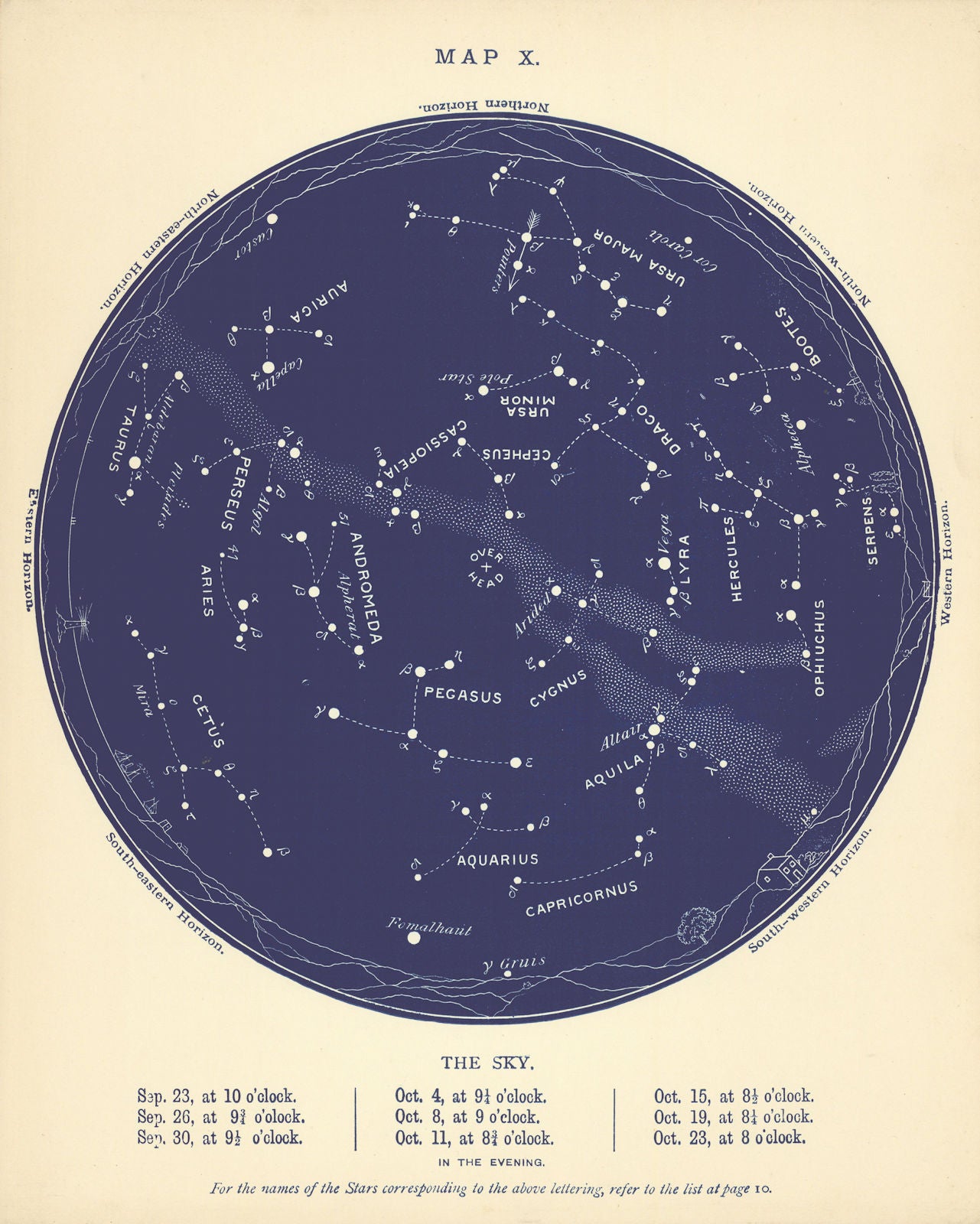 STAR MAP X. The Night Sky. September-October. Astronomy. PROCTOR 1896 ...