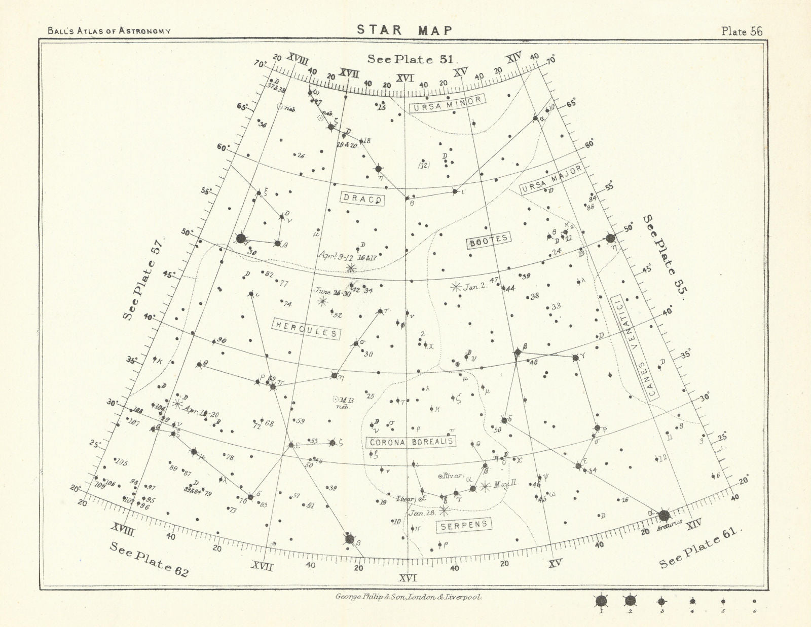 Star map night sky Bootes Canes Venatici Draco Hercules Serpens Ursa ...