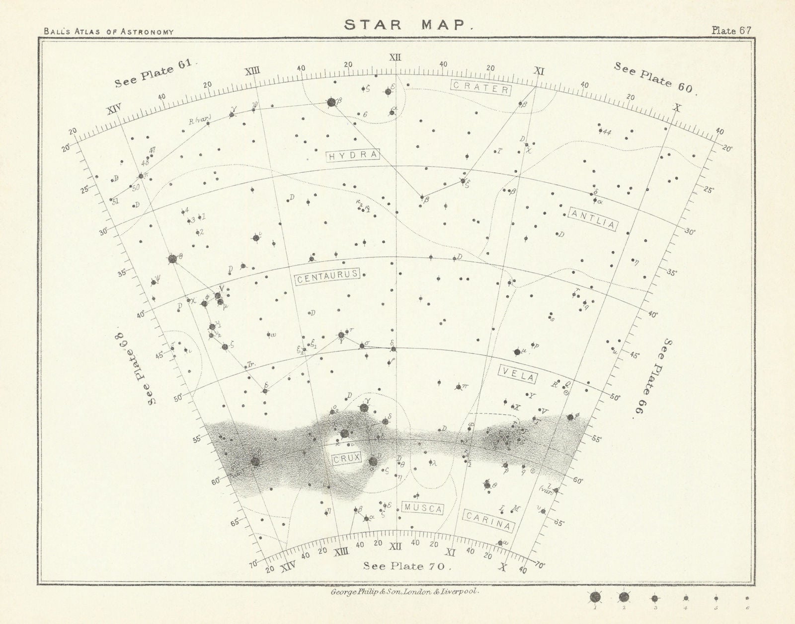 Star map night sky Antlia Carina Crater Crux Hydra Musca Vela 1892 old ...