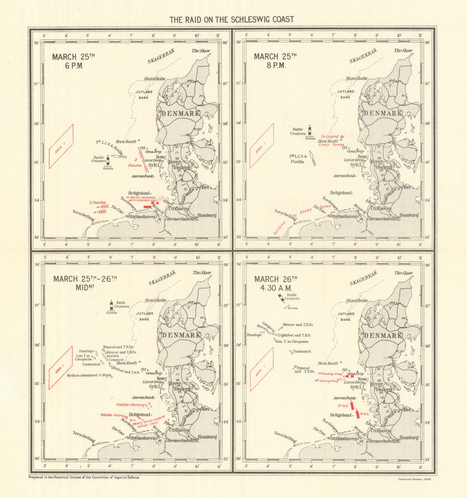 Schleswig Raid March 1916. First World War. 1923 old antique map plan ...