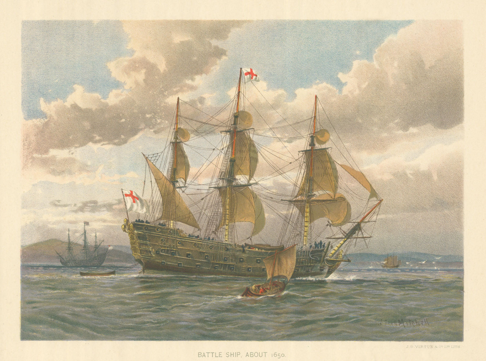 Battle Ship about 1650 by W.F. Mitchell. Royal Navy 1893 old antique ...