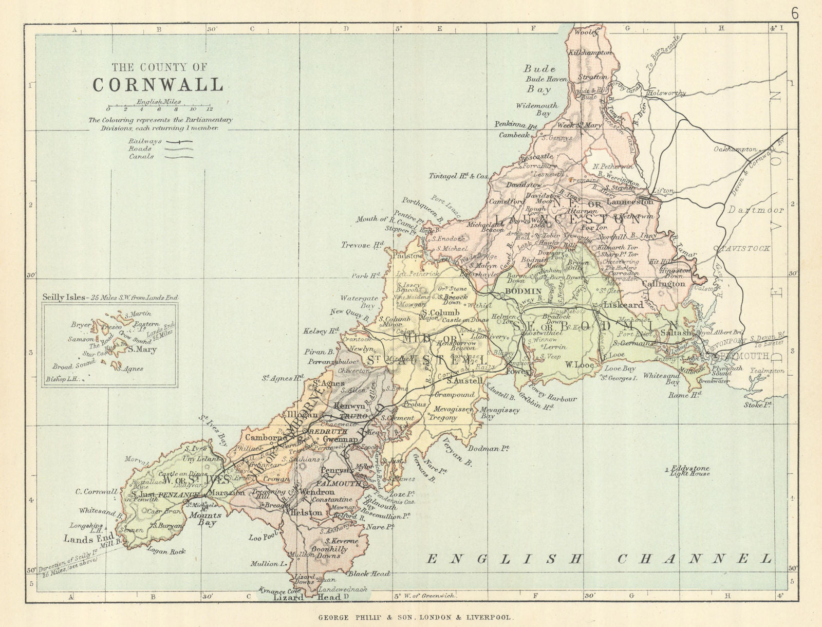 CORNWALL. Antique county map. Railways roads canals. Constituencies ...