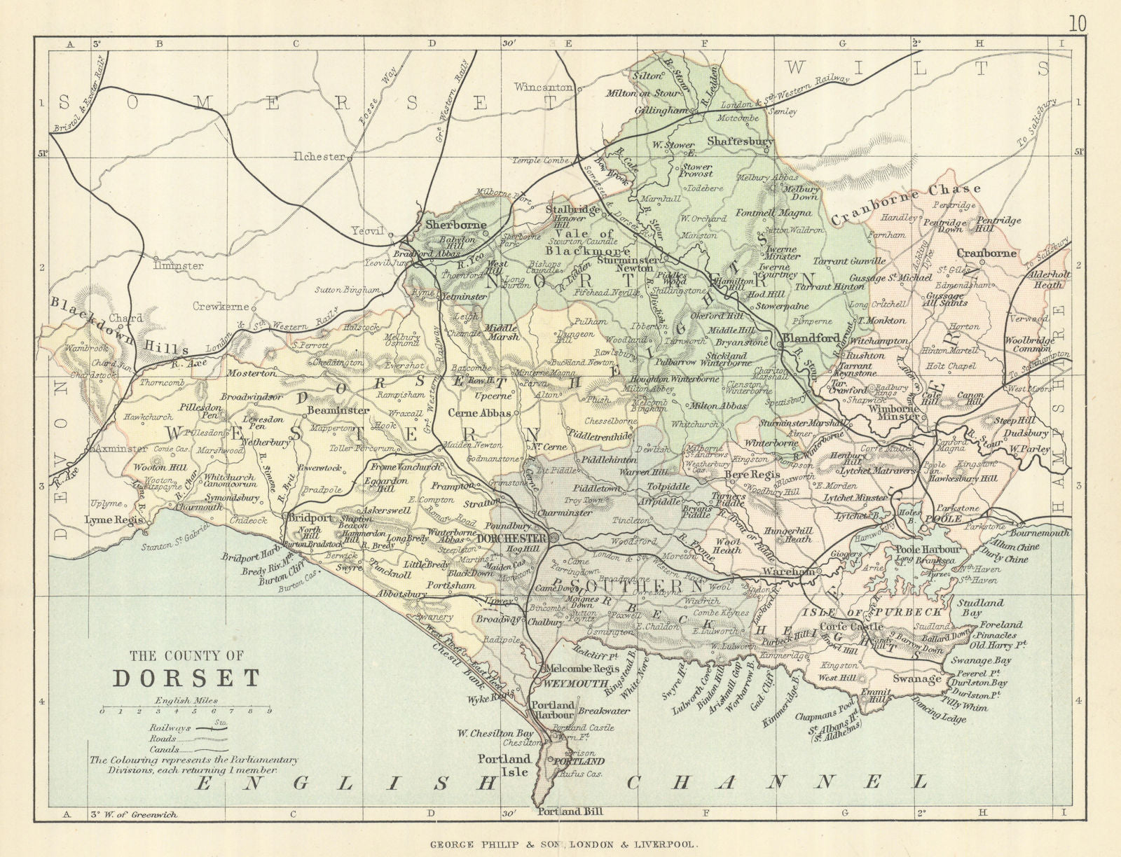 DORSET. Antique county map. Railways roads canals. PHILIP 1889 old ...