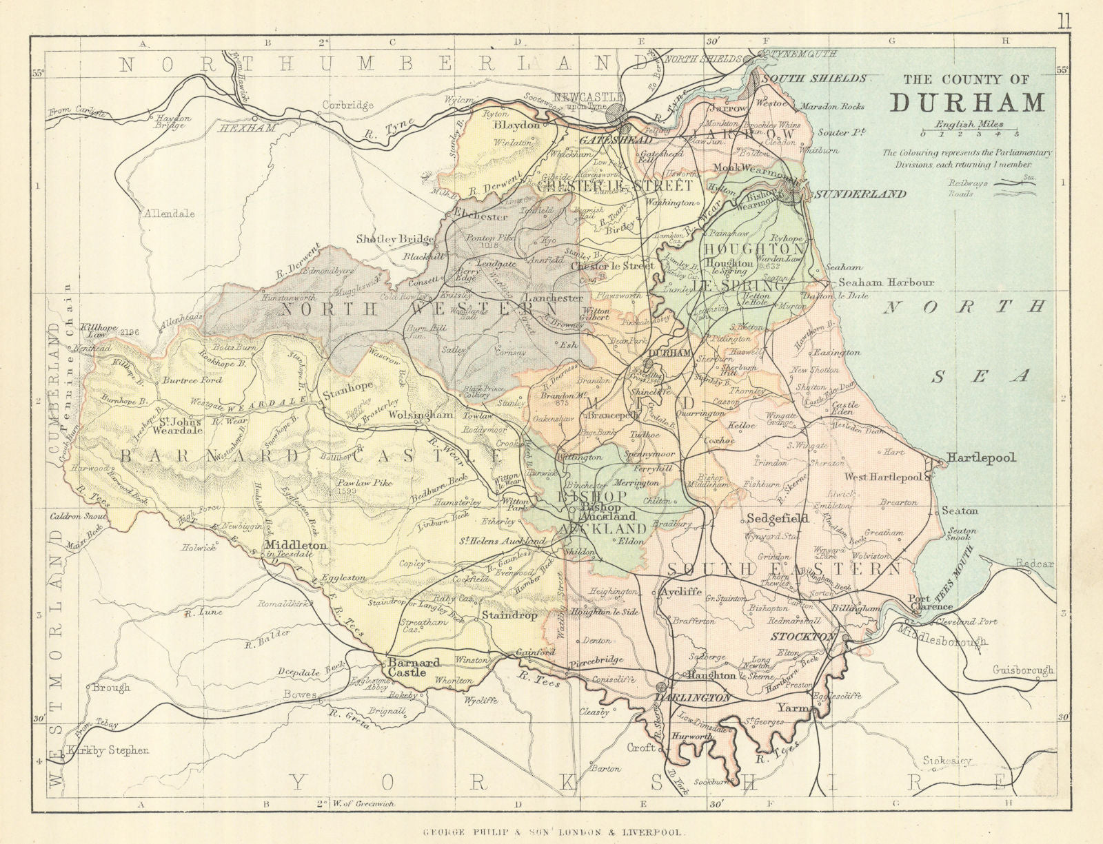 COUNTY DURHAM. Antique map. Railways roads. Constituencies. PHILIP 1889 ...