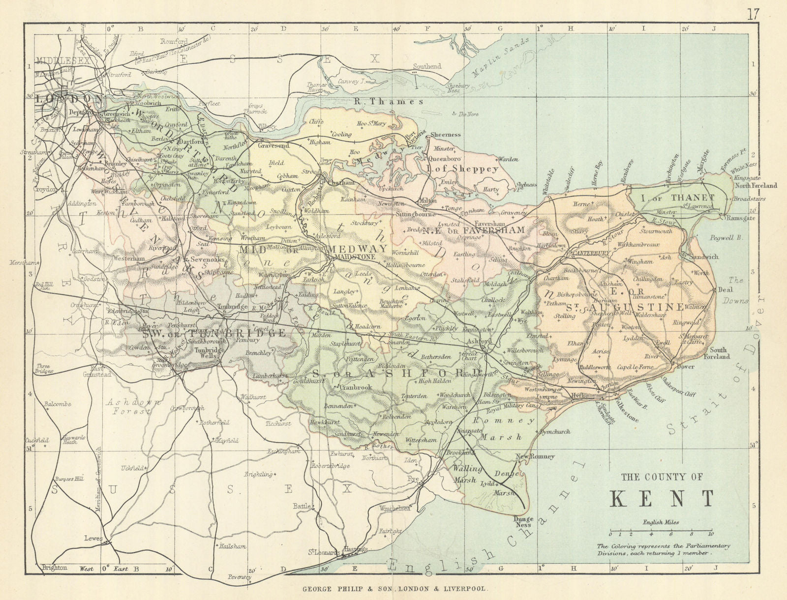 KENT. Antique county map. Railways roads. Constituencies. PHILIP 1889 ...