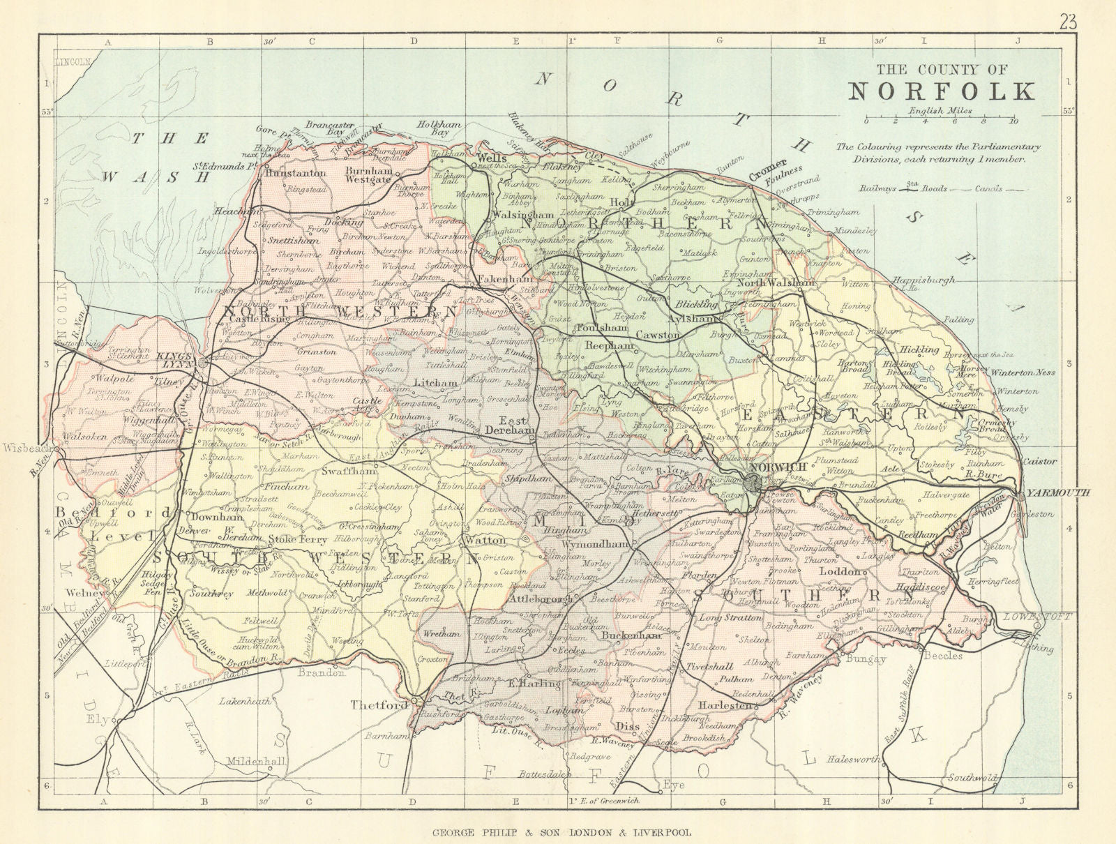 NORFOLK. Antique county map. Railways roads canals. Constituencies ...