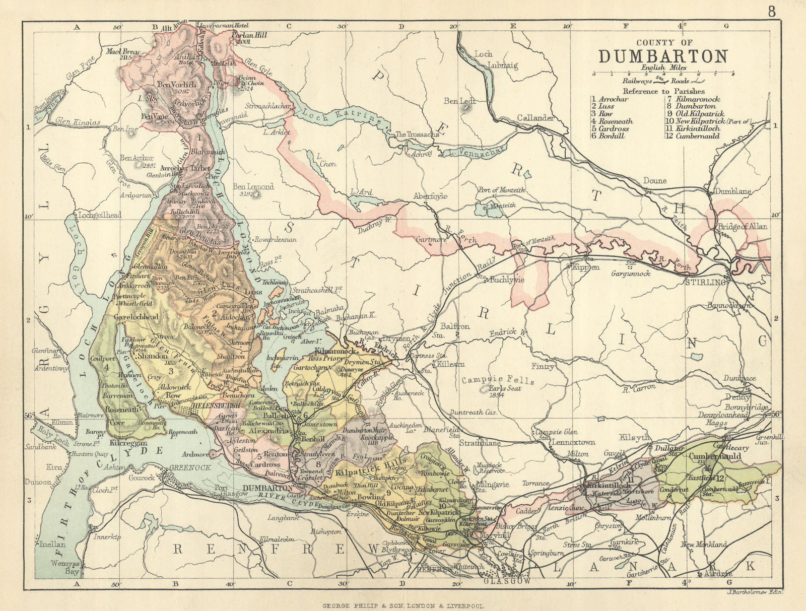 'County of Dumbarton'. Dumbartonshire. Parishes. BARTHOLOMEW 1886 old ...