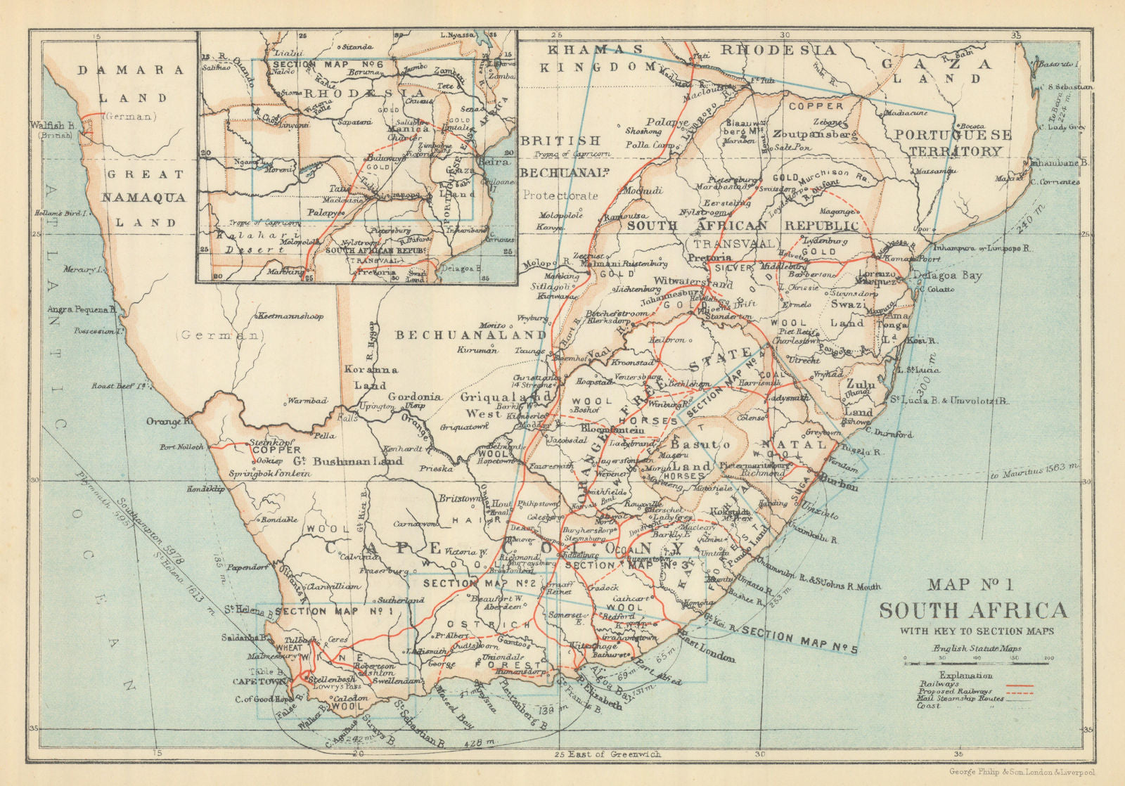 South Africa railways & mail steamship routes. SAMLER BROWN 1899 old ...