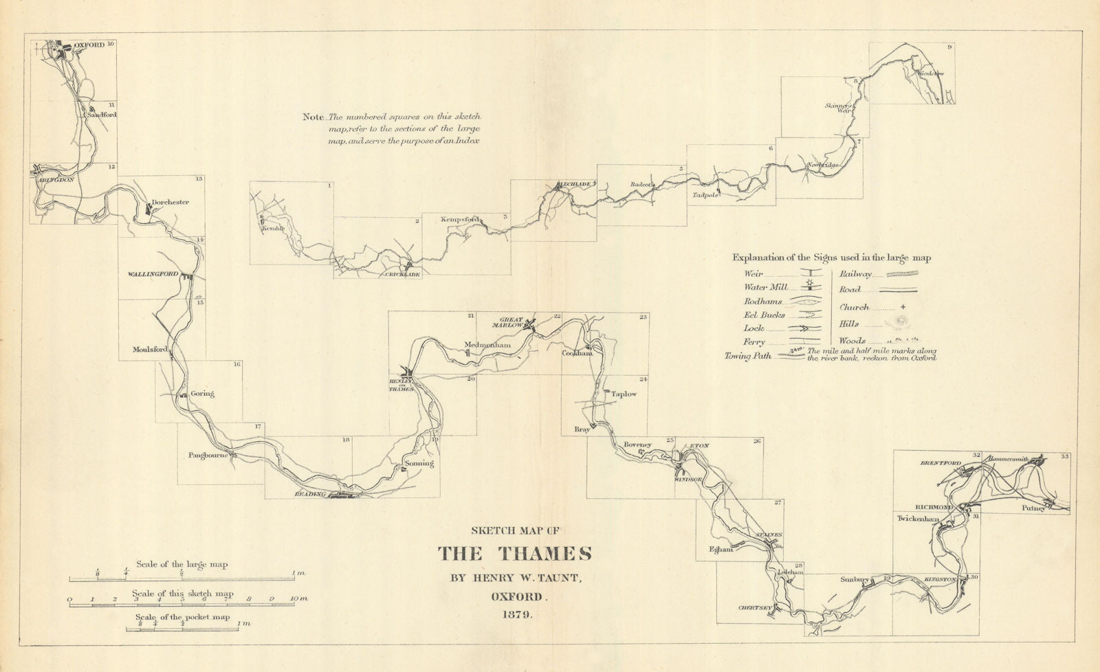 Sketch map of the Thames by Henry W. Taunt 1879 1879 old antique chart ...