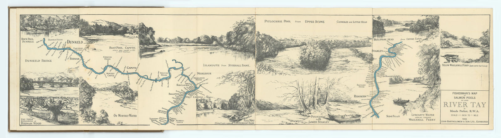 Fisherman's Map of Salmon Pools on lower River Tay by Maude Parker 1933 ...