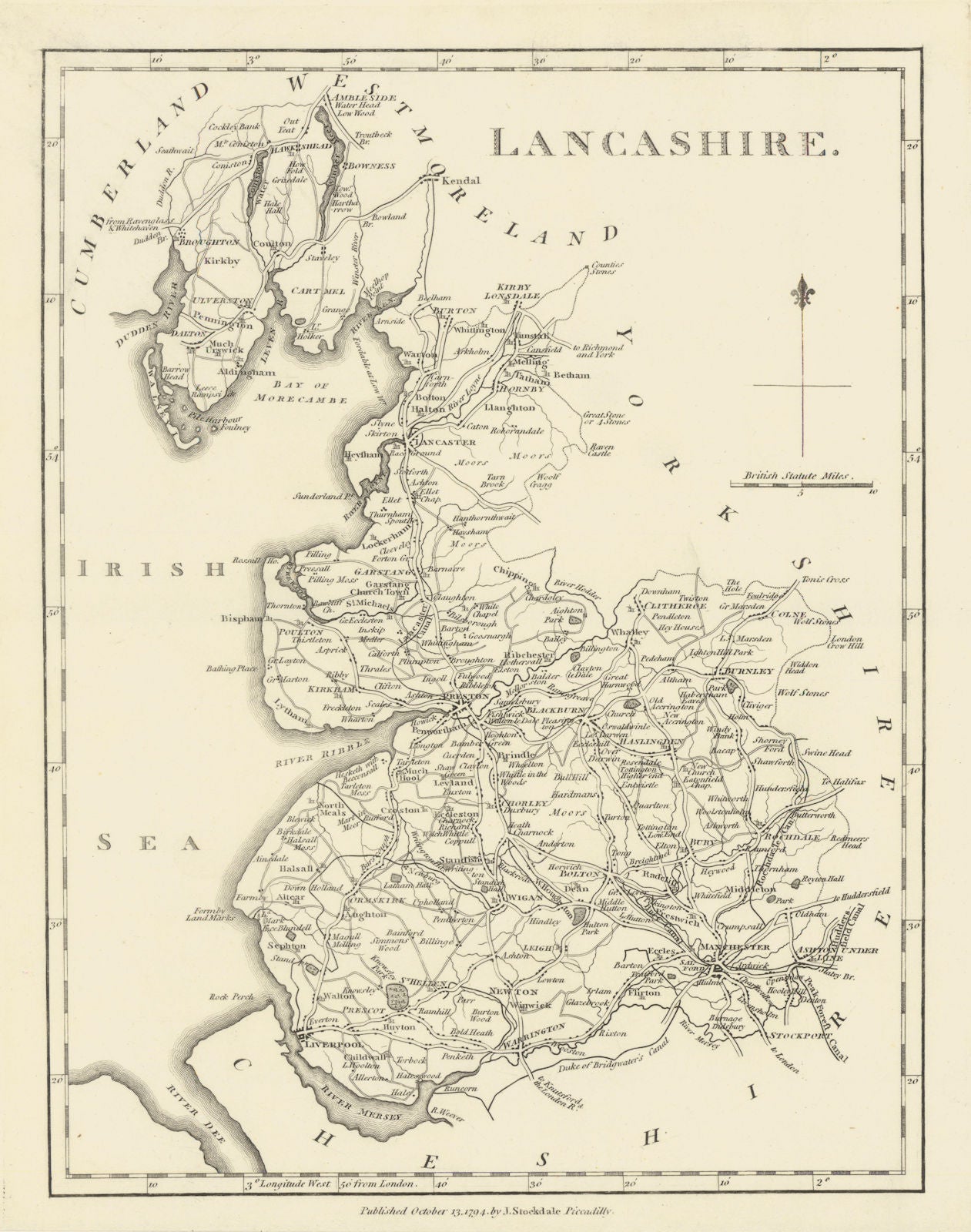 Lancashire county map by John Stockdale 1795 old antique plan chart ...
