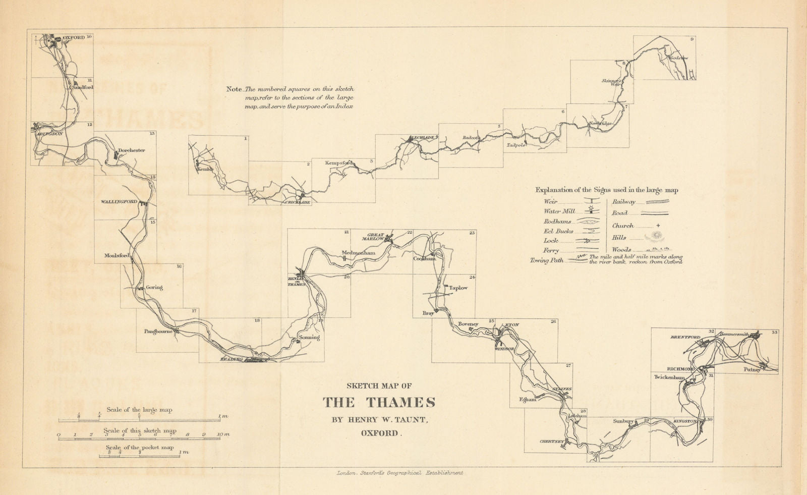 Sketch map of the Thames by Henry W. Taunt 1879 1887 old antique chart ...