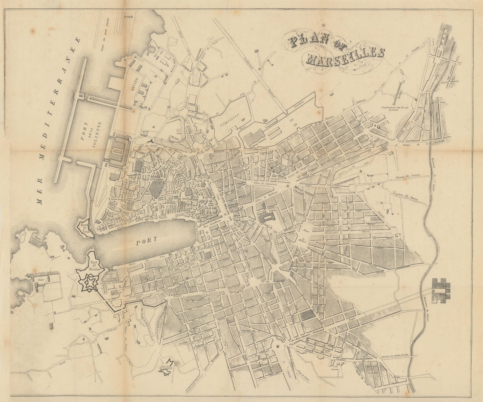 Town city plan of Marseilles, France. BRADSHAW c1853 old antique map ...