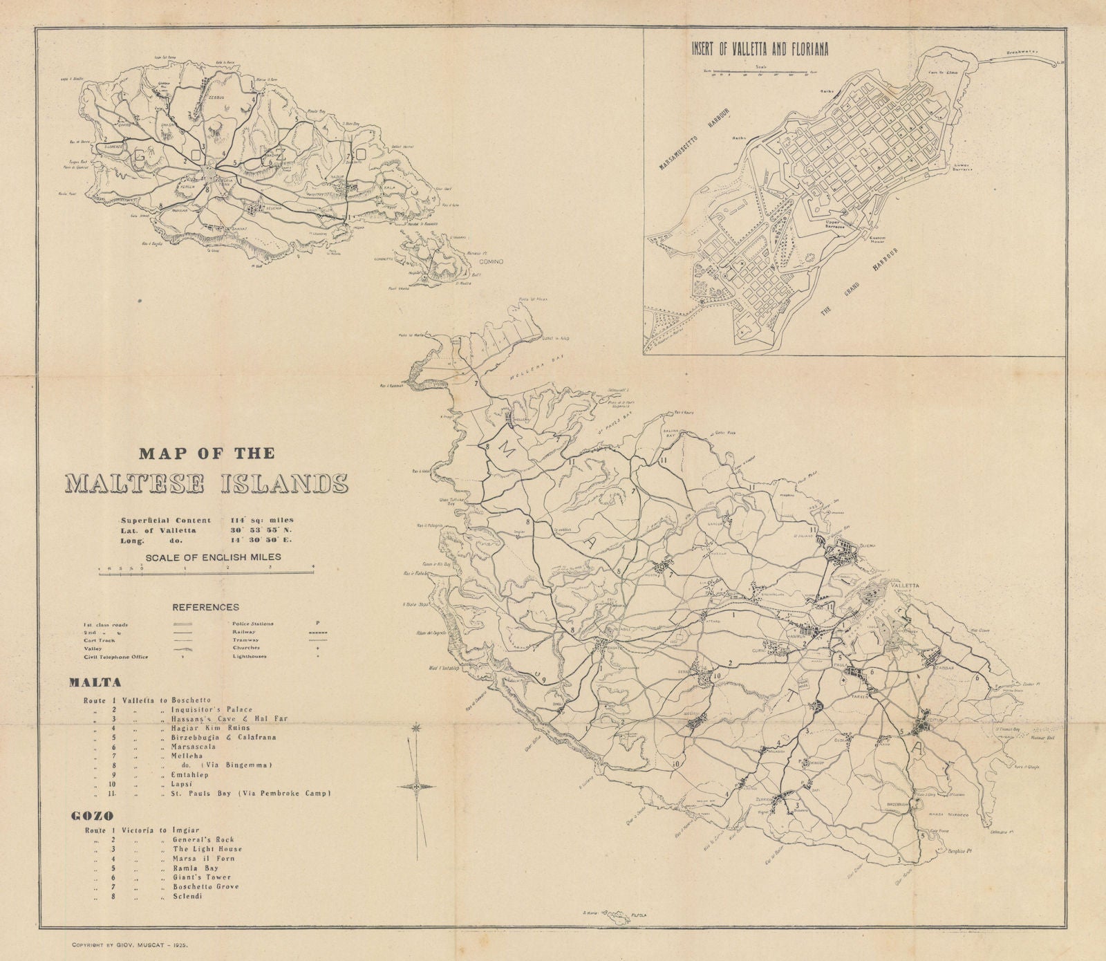 Map of the Maltese Islands. Valletta and Floriana. Giovanni Muscat 1925 ...