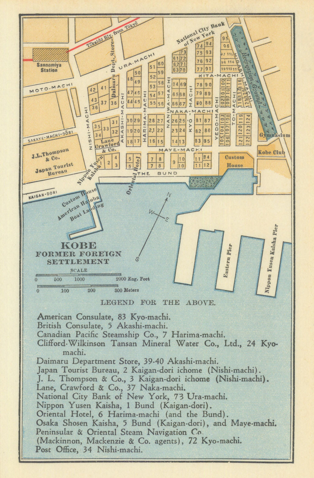 Kobe Former Foreign Settlement town/city plan. Japan antique tourist ...