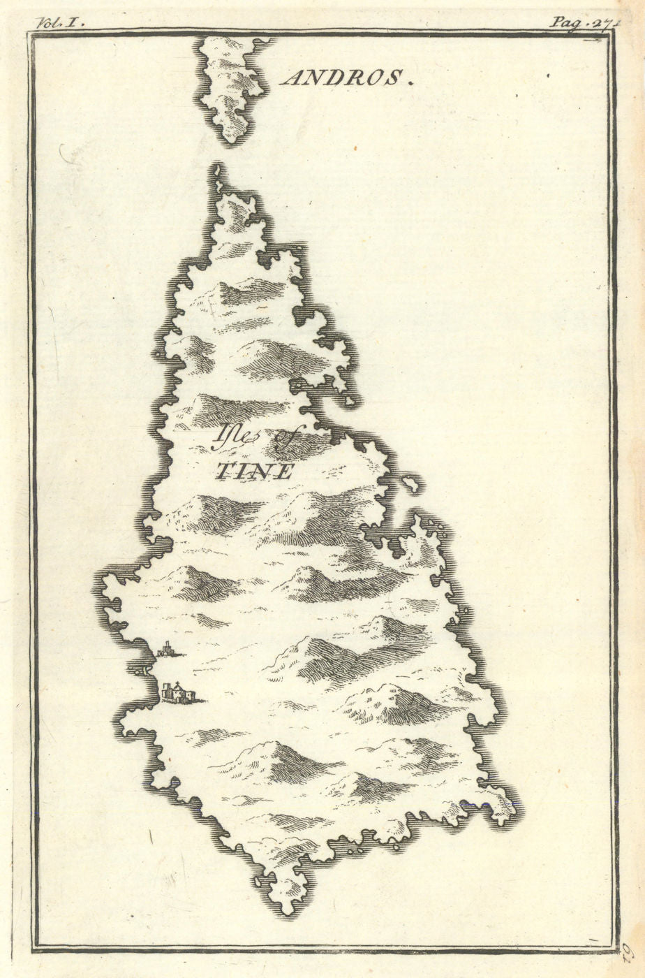 Antique map of the island of Tine (Tinos), Aegean, Greece. TOURNEFORT ...