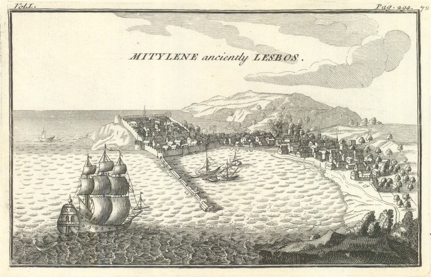 Antique view of Mitylene anciently Lesbos, Aegean, Greece. TOURNEFORT ...