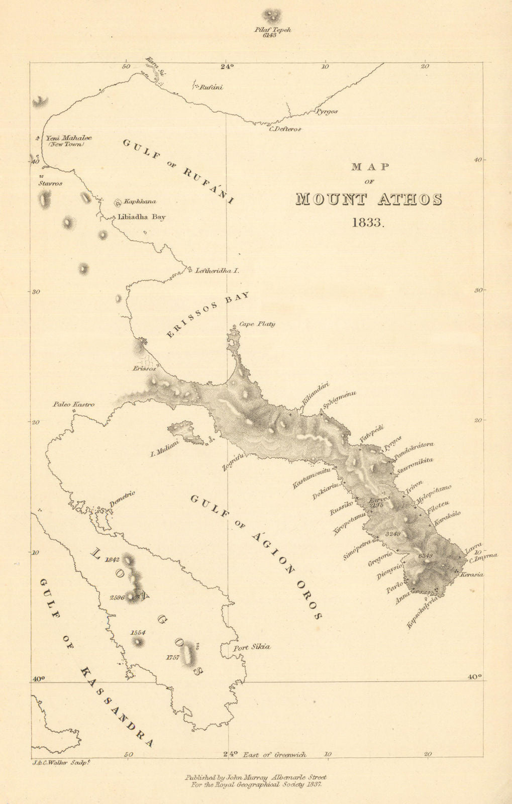 Map of Mount Athos showing the monasteries by Lt Webber Smith. RGS 1837 ...