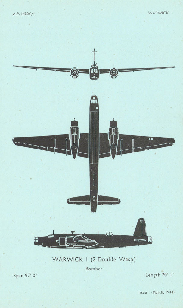 Vickers Warwick I Bomber. Air Ministry aircraft recognition profile ...