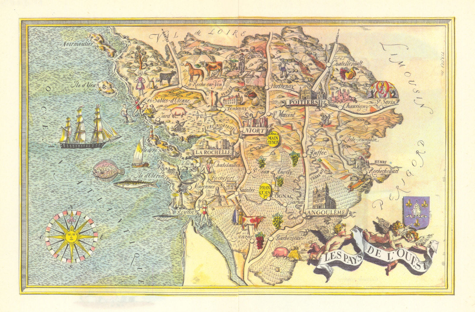 Les pays de l’Ouest pictorial Cognac region map by Laszlo Fircsa ...