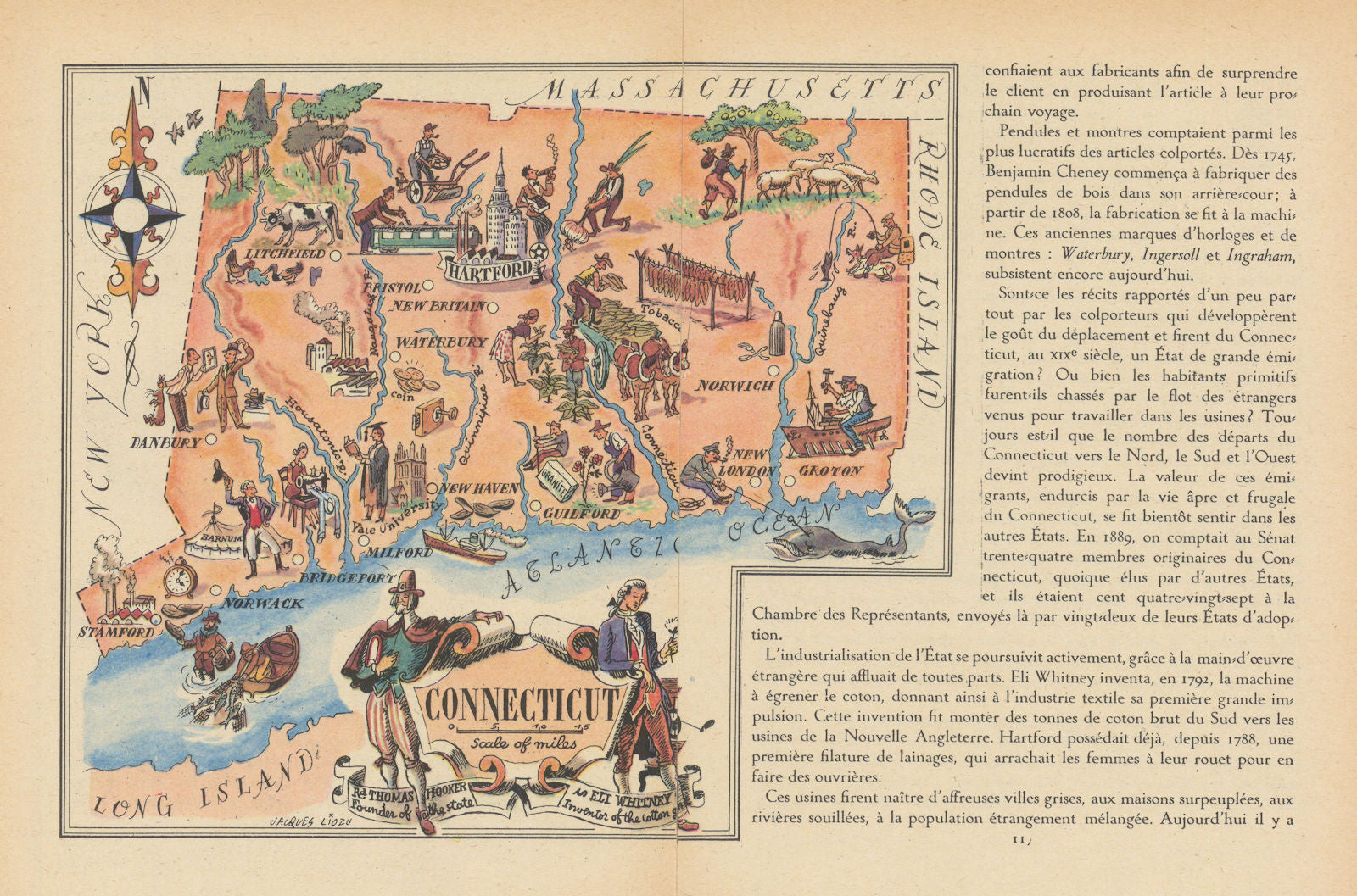 Connecticut small state map by Jacques Liozu 1946 old vintage plan ...