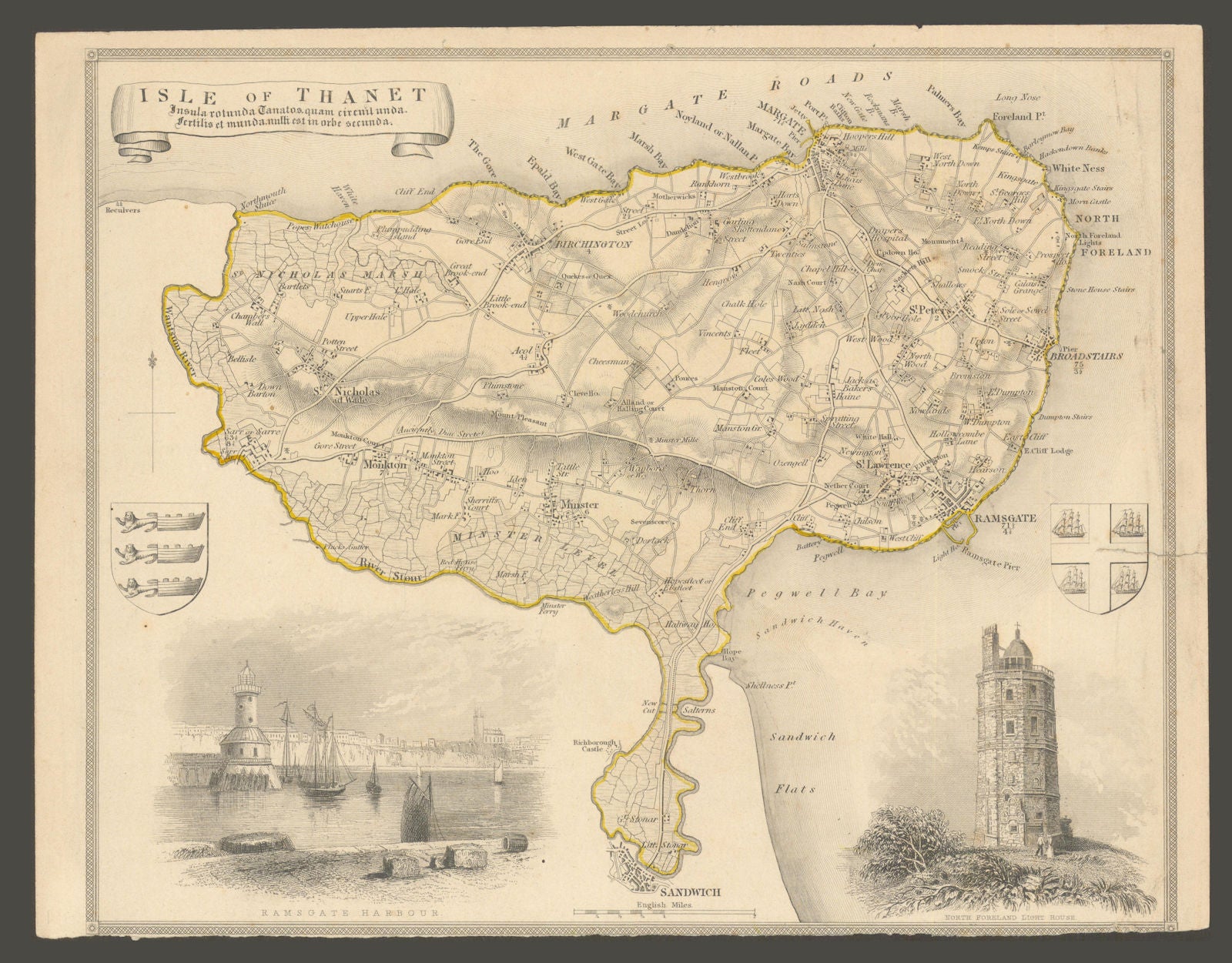 Isle of Thanet antique hand-coloured map by Thomas Moule c1840 old ...