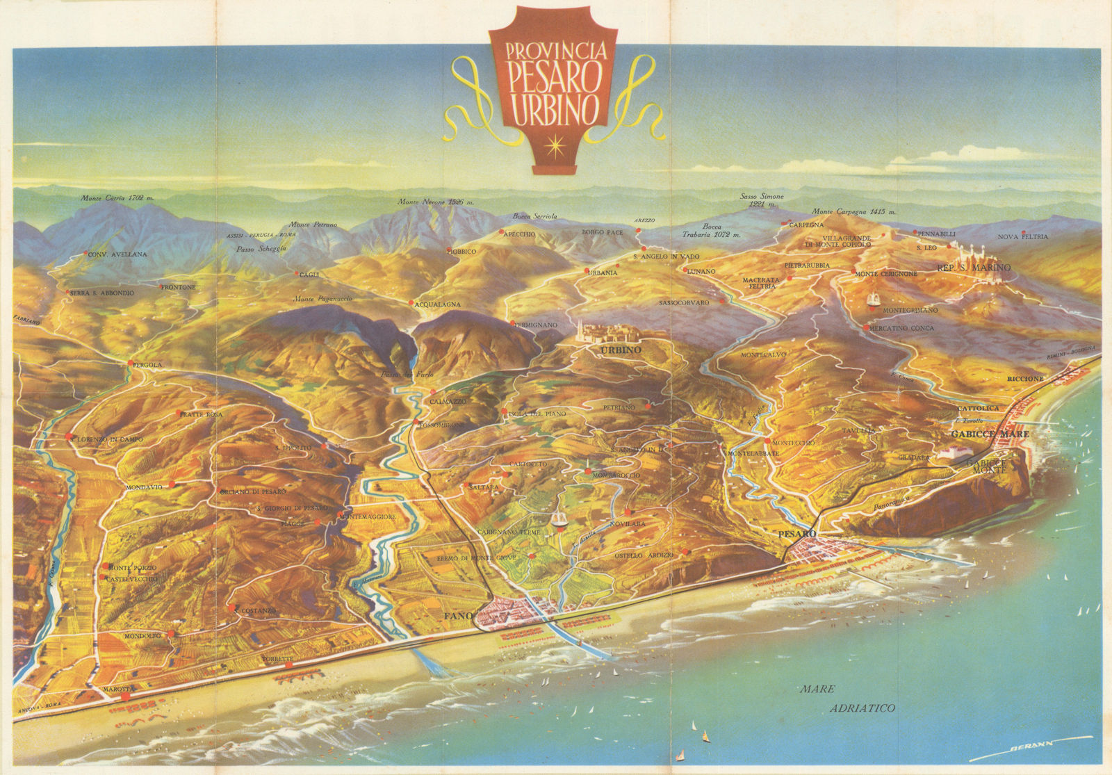 Fano. Provincia Pesaro Urbino panoramic tourist map by Heinrich Berann ...