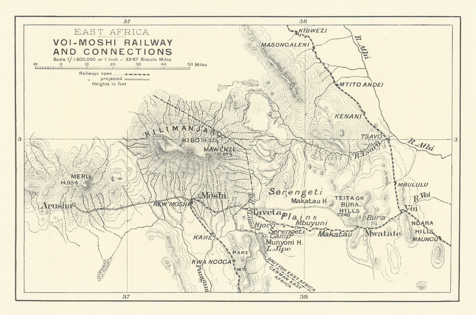 East Africa. Voi to Moshi railway & connections. Tanzania Kenya. RGS ...