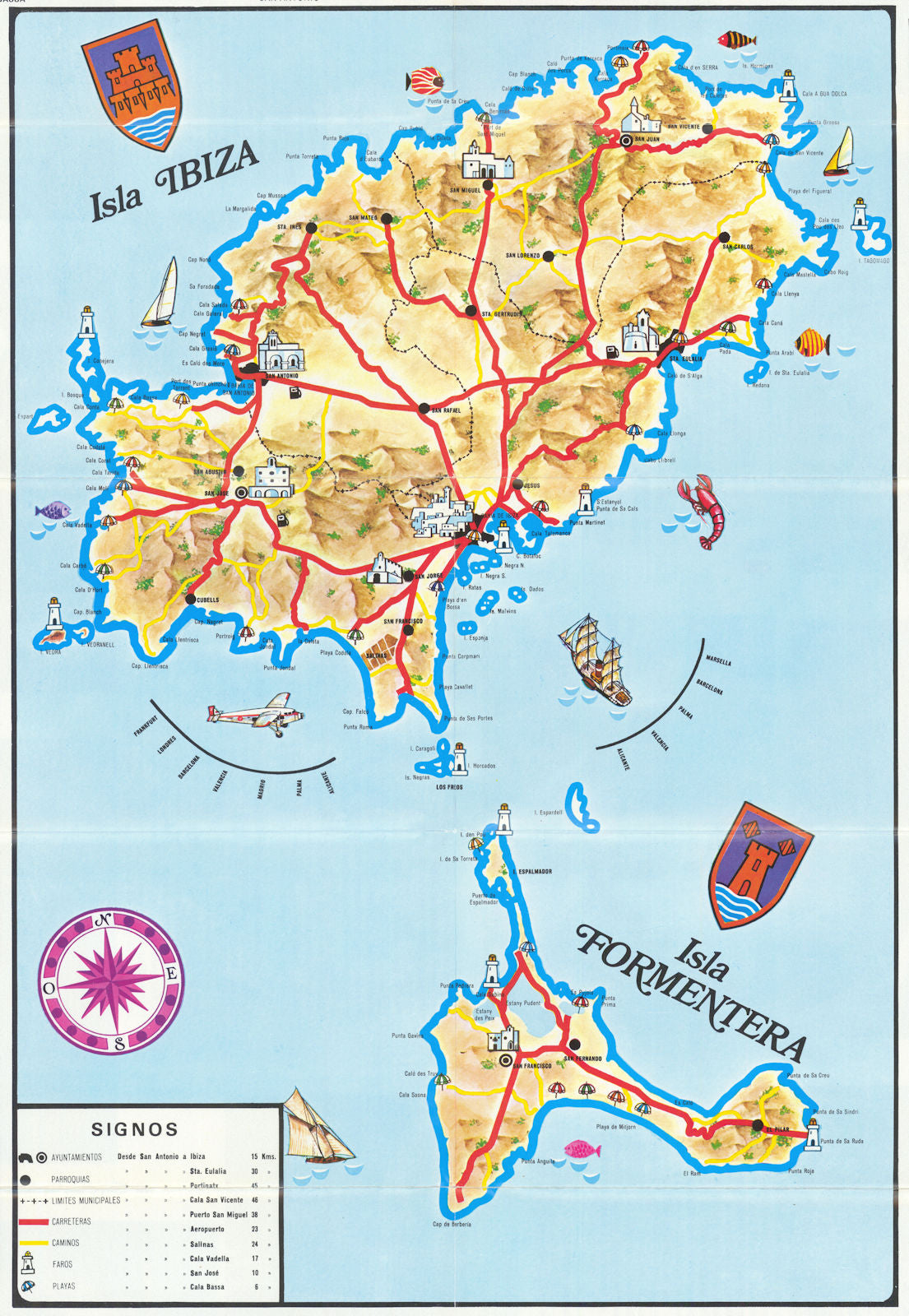 Mapa de Ibiza y Formentera. Pictorial tourist map of Ibiza 1970 old ...
