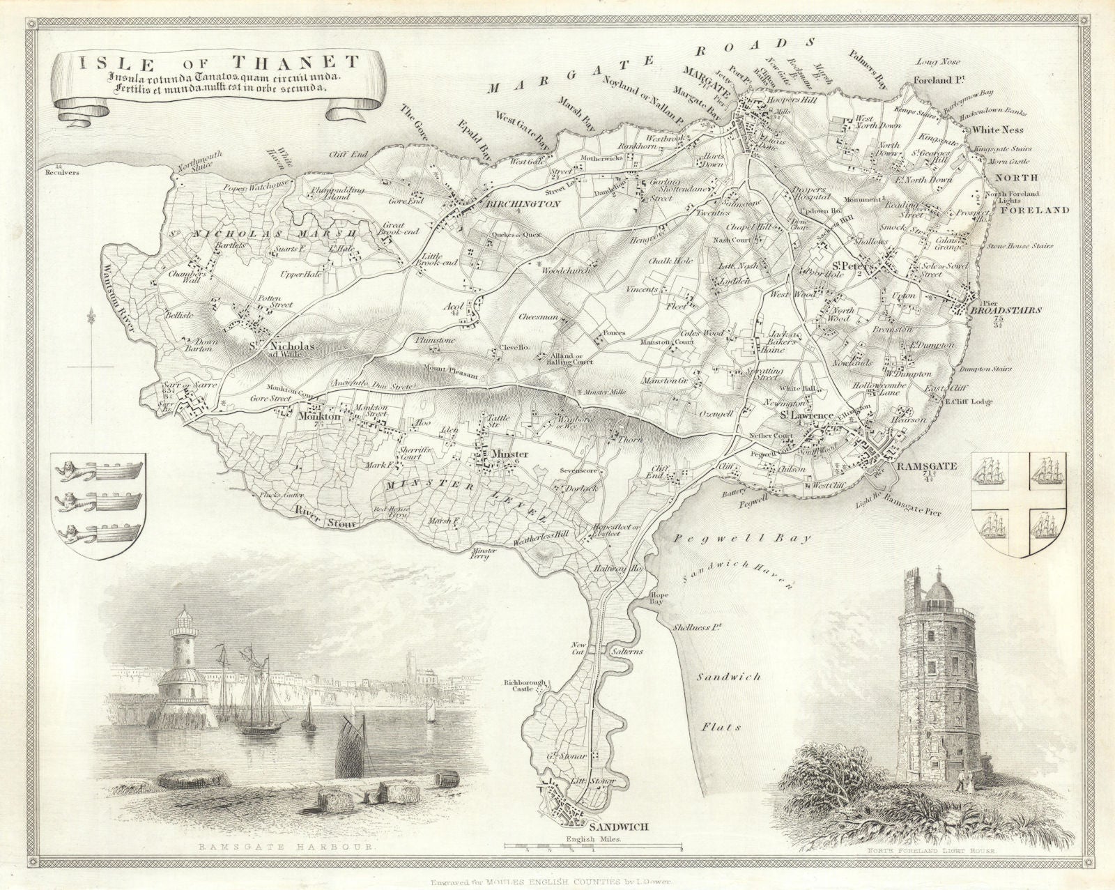Isle of Thanet antique map by Thomas Moule 1837 old plan chart ...