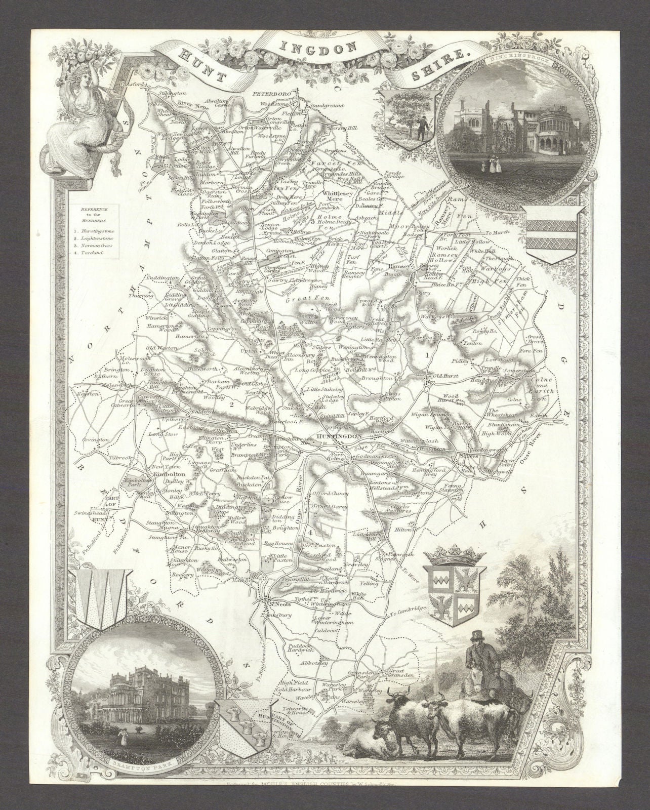 Huntingdonshire antique county map by Thomas Moule 1837 old chart ...