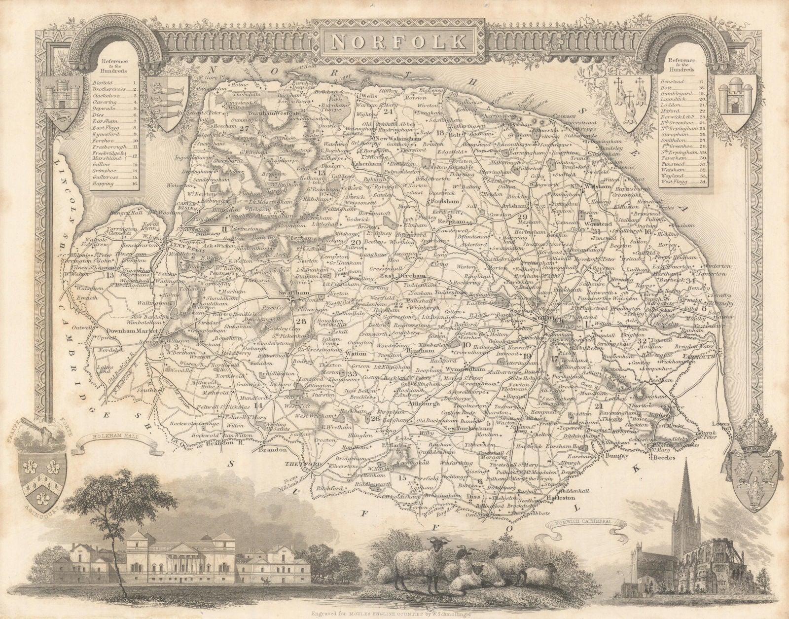 Norfolk antique county map by Thomas Moule 1837 old plan chart ...