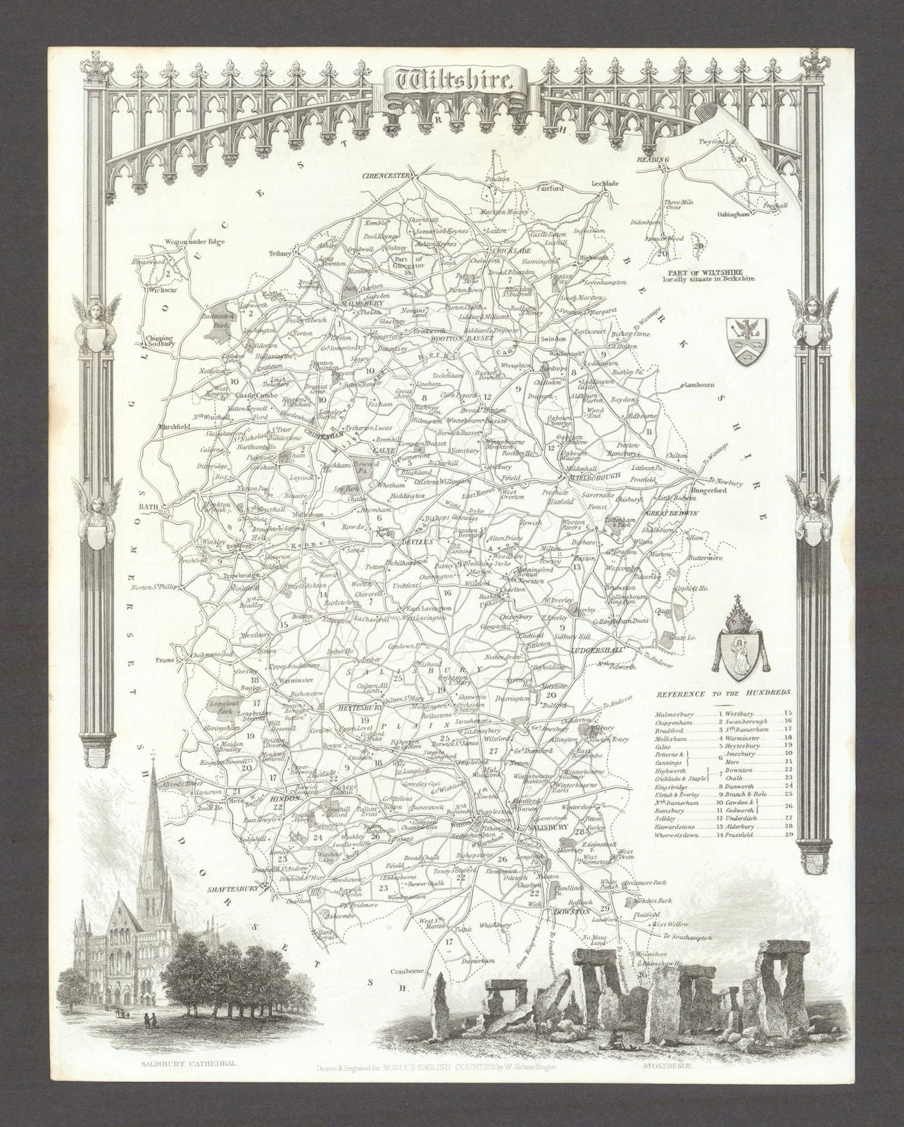Wiltshire antique county map by Thomas Moule 1837 old plan chart ...