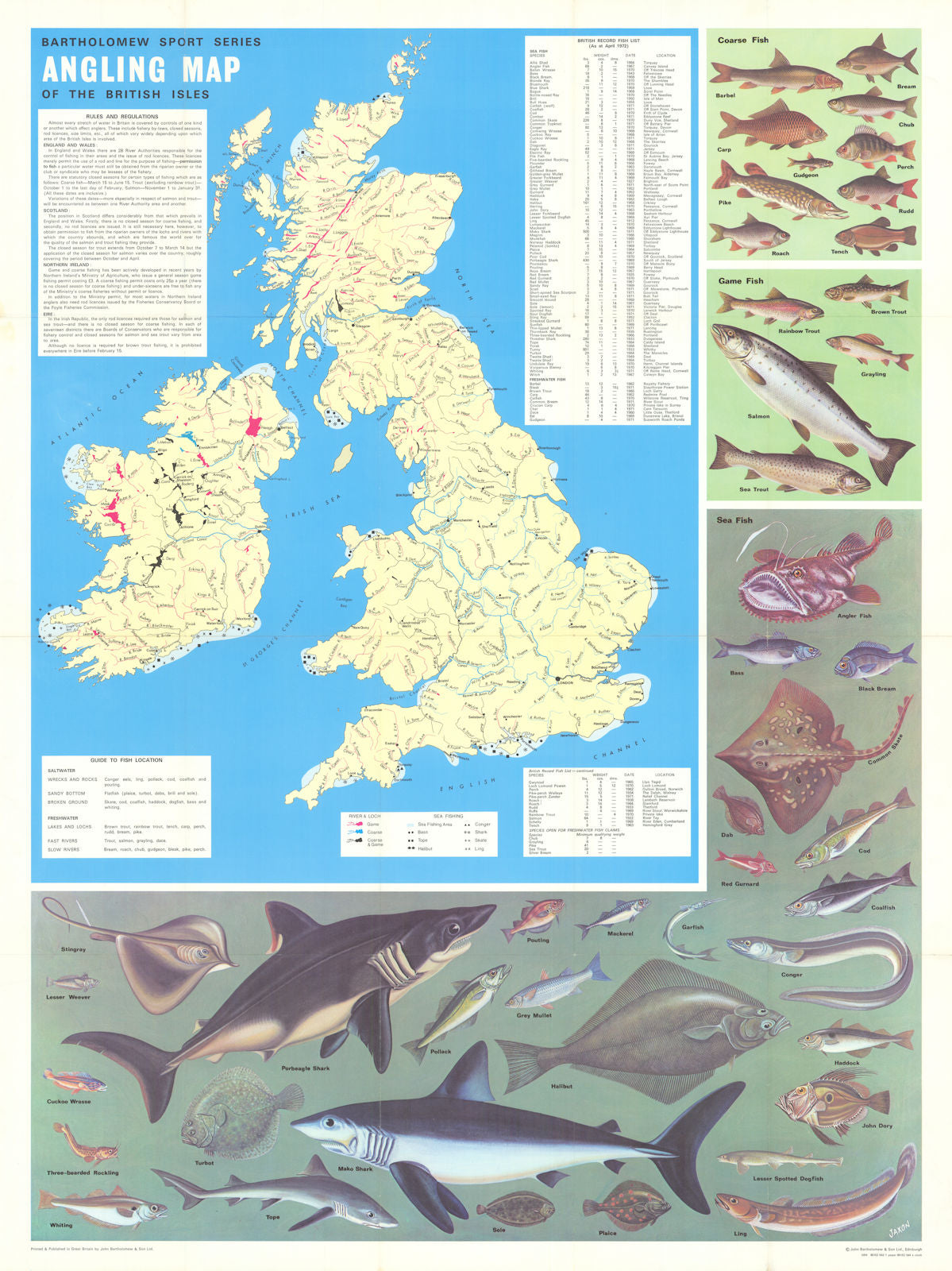 Angling Map of the British Isles. Coarse, Game & Sea Fish. Bartholomew ...