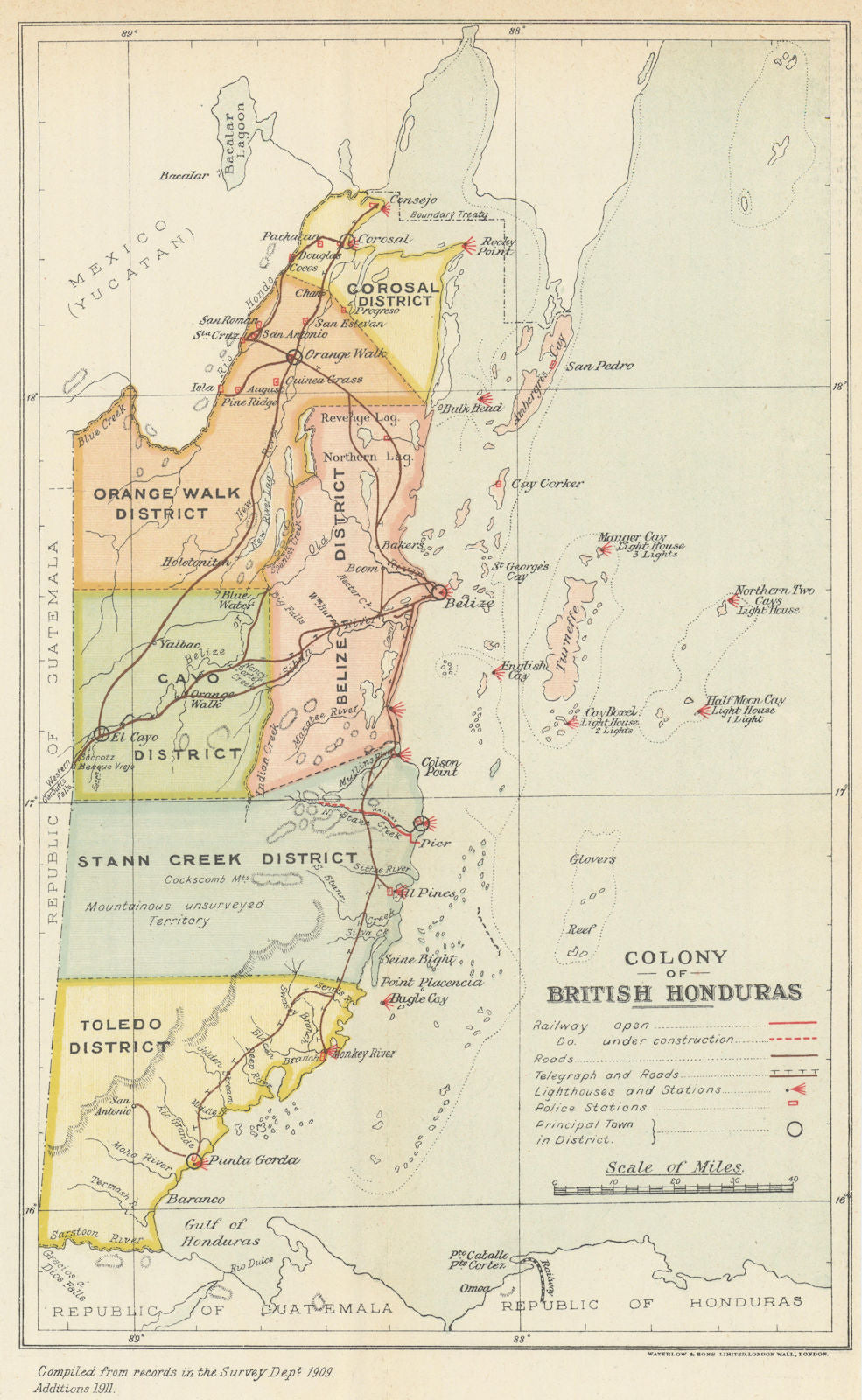 Map of British Honduras showing districts & railways. Belize 1909 (1919 ...