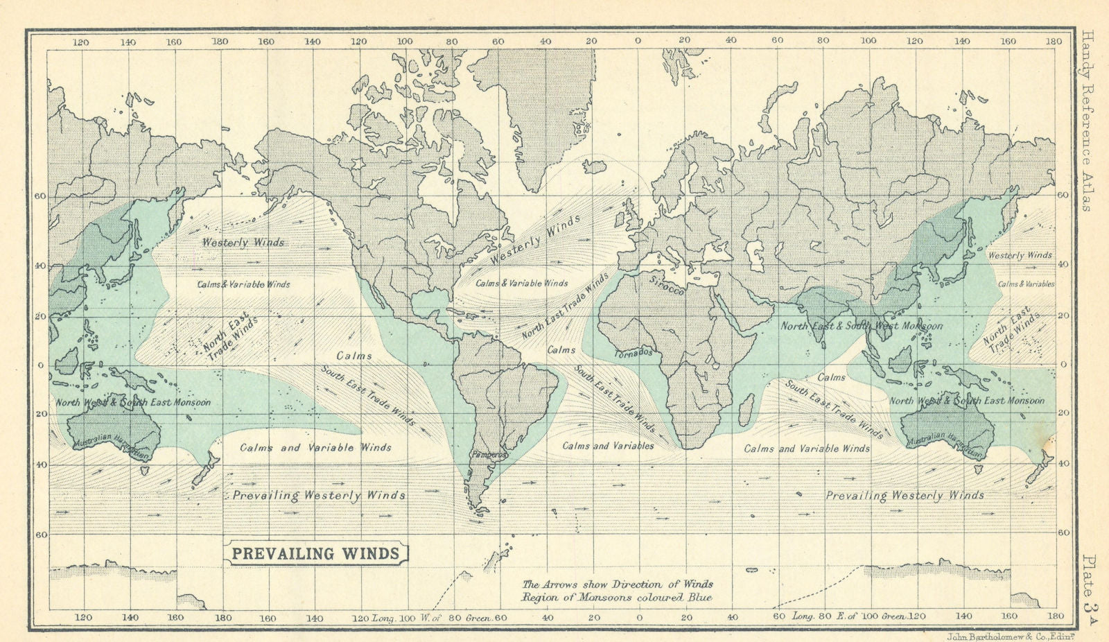 World Prevailing Winds. BARTHOLOMEW 1909 old antique vintage map plan ...