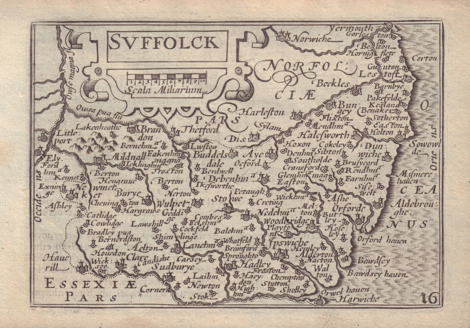 Suffolck by van den Keere. "Speed miniature" Suffolk county map 1632 ...