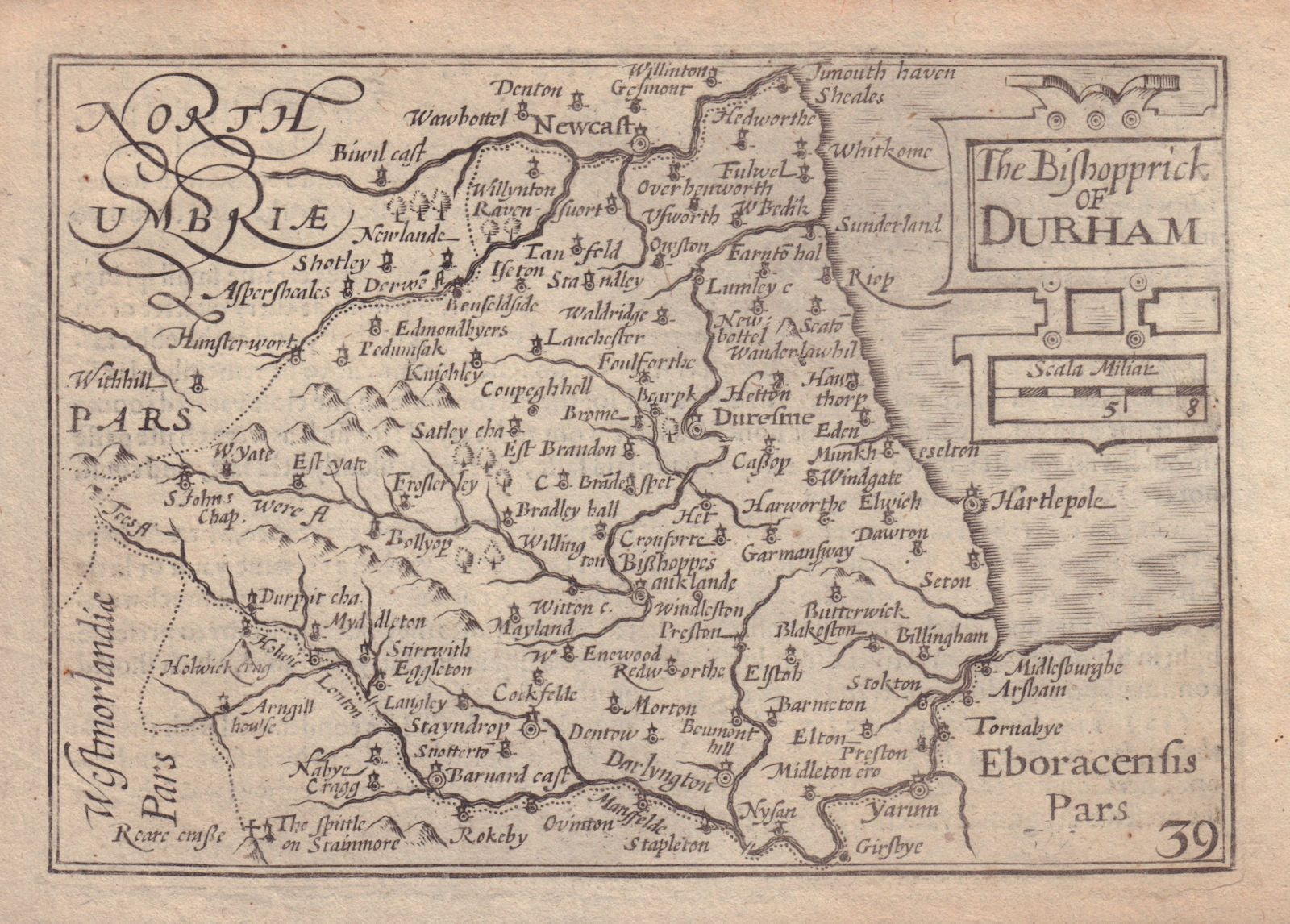 The Bishopprick of Durham by van den Keere. "Speed miniature" county ...