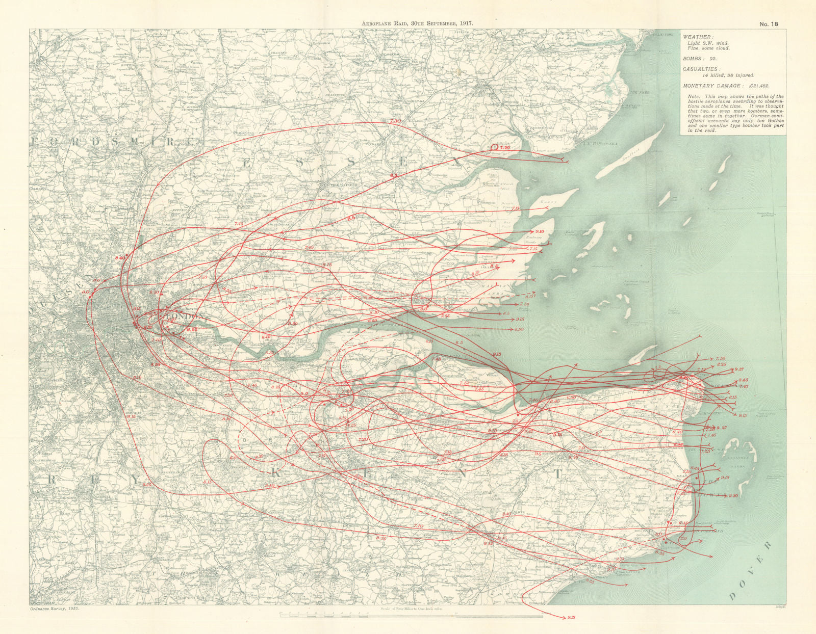 WW1 German Aeroplane Raid 30 September 1917 London Kent 1935 old vintage map ...