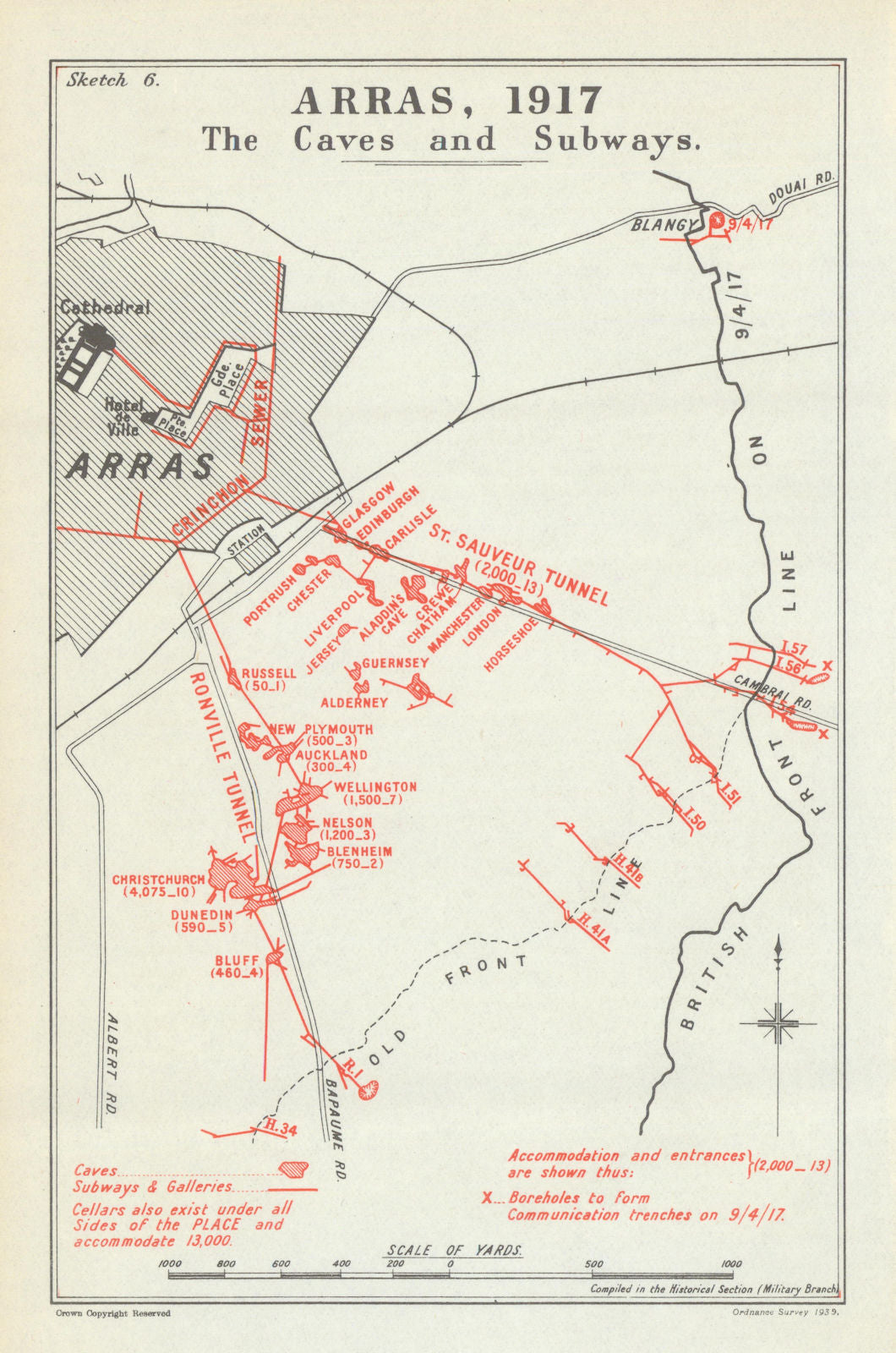 Battle of Arras. The Caves & Subways 1917. First World War 1940 old map ...
