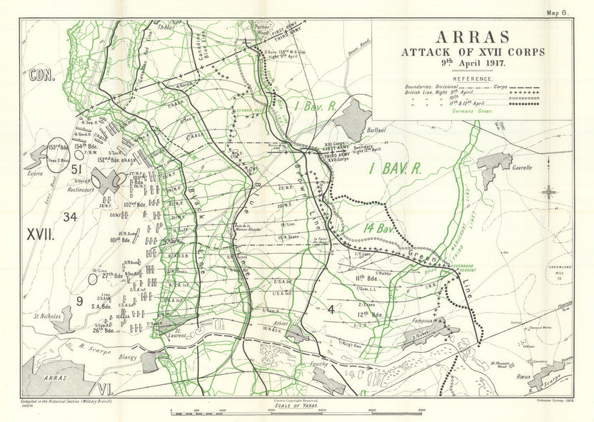 Battle of Arras. Attack of XVII Corps, 6 April 1917. First World War 1940 map ...